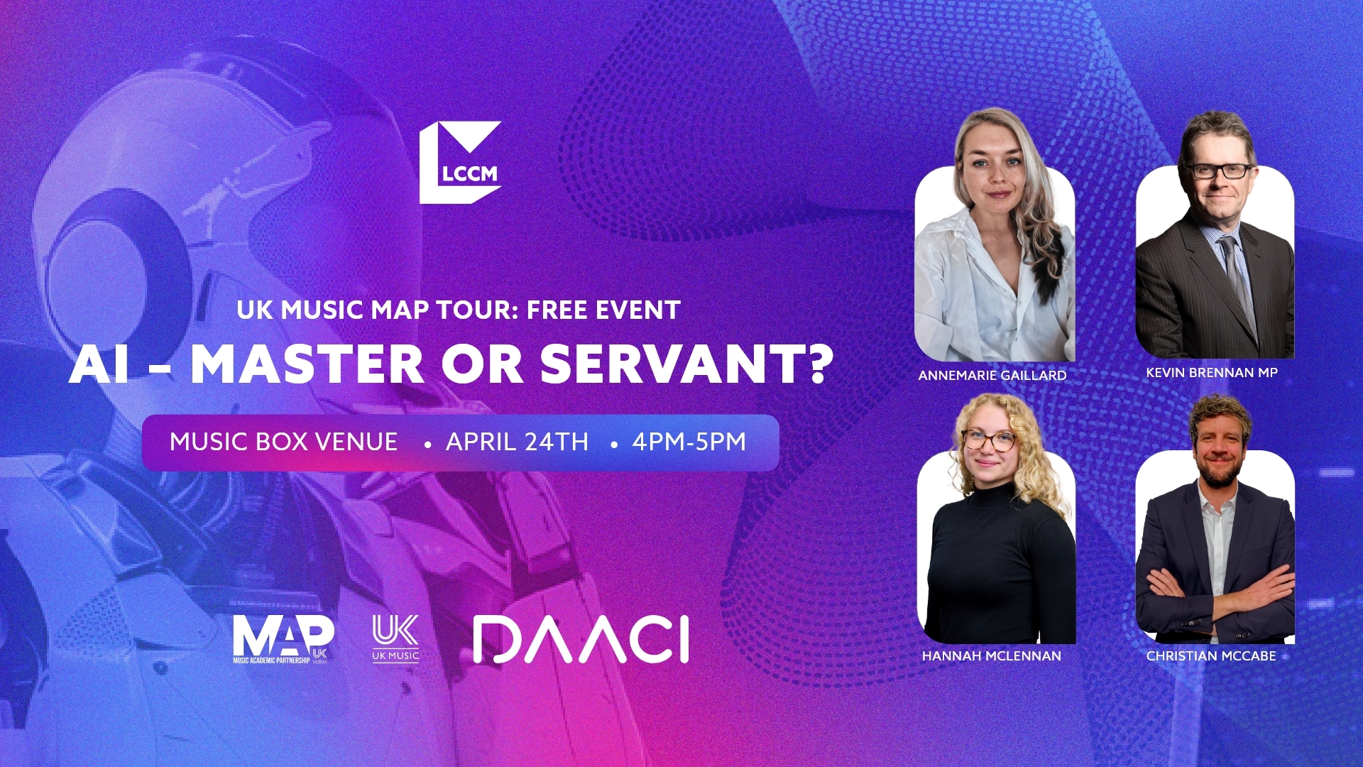 LCCM, UK Music Map Tour Event: AI - Master Or Servant? - DAACI